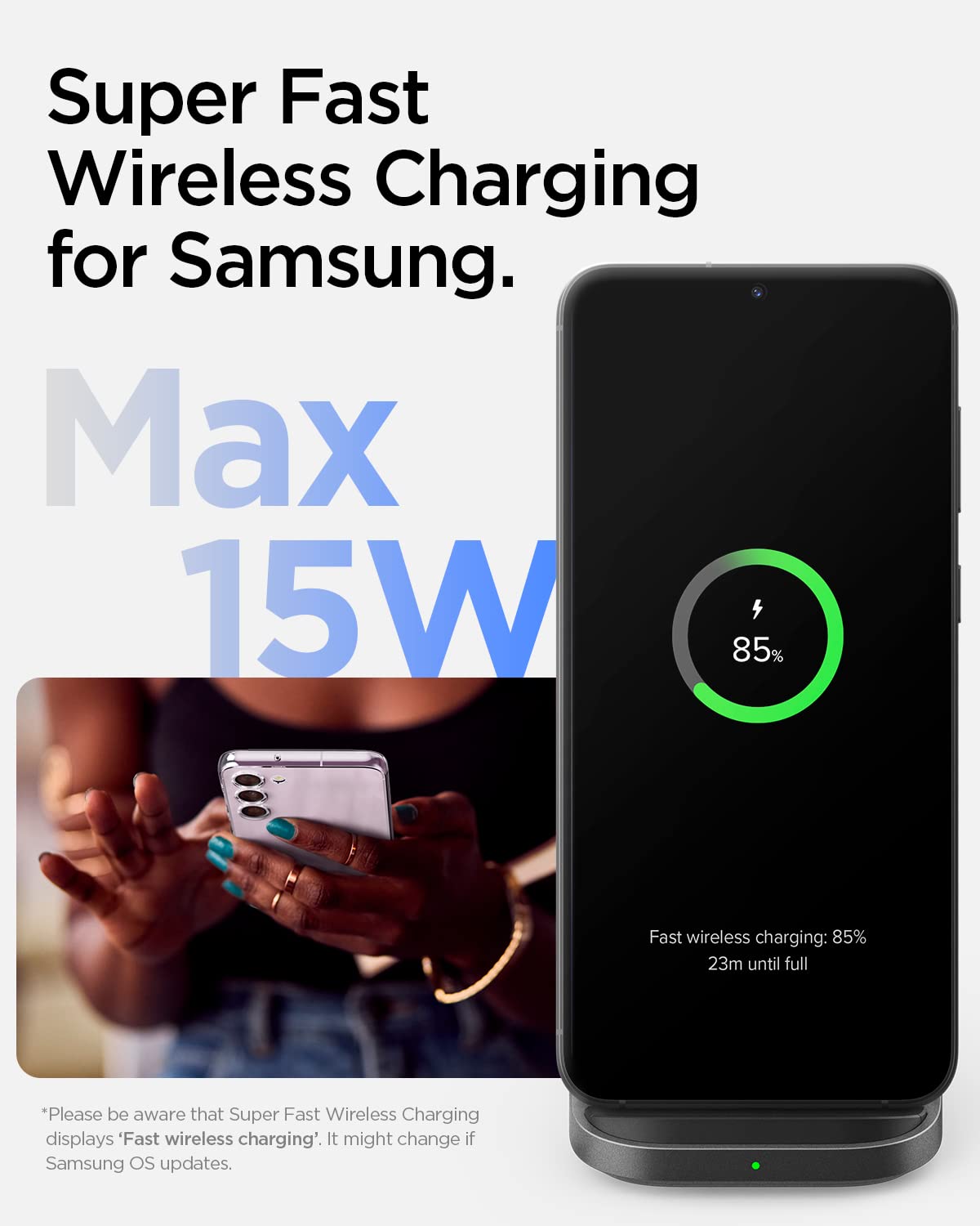 Spigen [Designed for Samsung] Qi Flex True 15W Super Fast Wireless Charger Stand & Pad for Samsung Galaxy S24 Plus Ultra S23 Z Fold Flip 5 4 S22 Note 20 S21 S20 Note 10 and More [No Adapter Included]