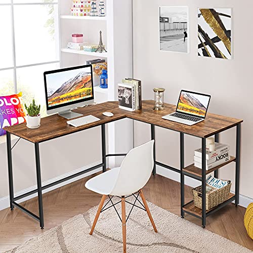 Tangkula Industrial L-Shaped Computer Desk, Space-Saving Corner Desk with Storage Bookshelves & Adjustable Foot Pads, Home Office Desk Study Workstation for Home Office