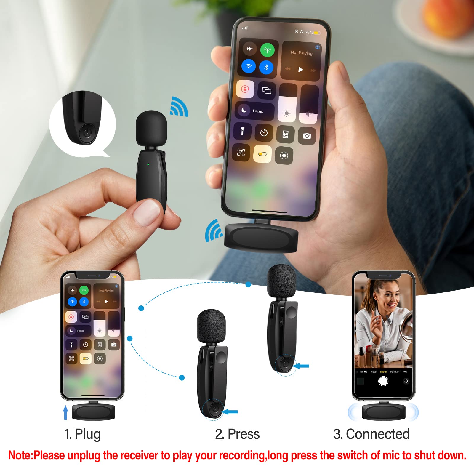 Wireless Lavalier Microphone for iPhone iPad Plug&Play Auto-sync Noise Reduction Lapel Mic Professional Video Recording Clip-on Lav Mic for Live Stream YouTube TikTok Facebook Interview (ONE-MIC)