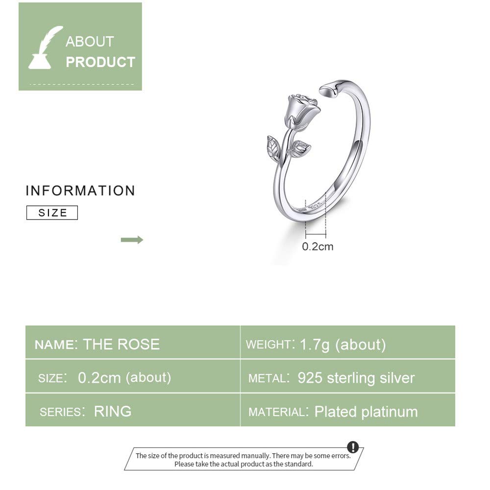 Tiny Rose Flowers Asymmetric Wrap Open Rings for Women Girls Sterling Silver Small Thin Adjustable Engagement Wedding Promise Statement Knuckle Finger Tail Rings Her Girlfriend Wife Valentine's Day