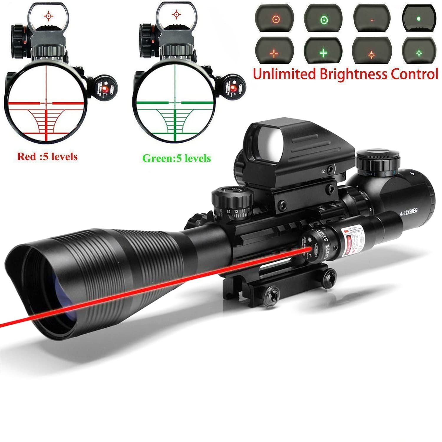 Rifle Scope Combo 4-12x50EG Dual Illuminated with Laser Sight 4 Holographic Reticle Red/Green Dot for Weaver/Rail Mount (Red Laser)