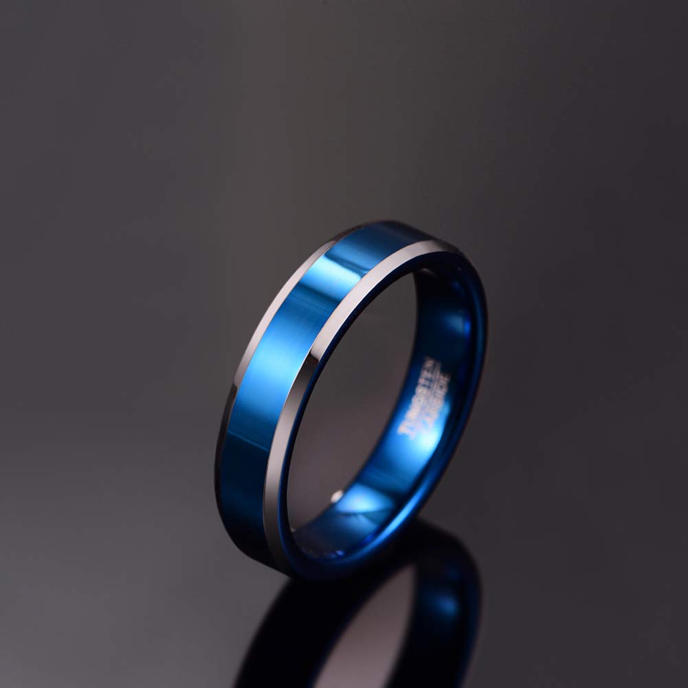 Vakki Blue Tungsten Ring for Men Women 5mm Silver Beveled Edge Engagement Band Size 10