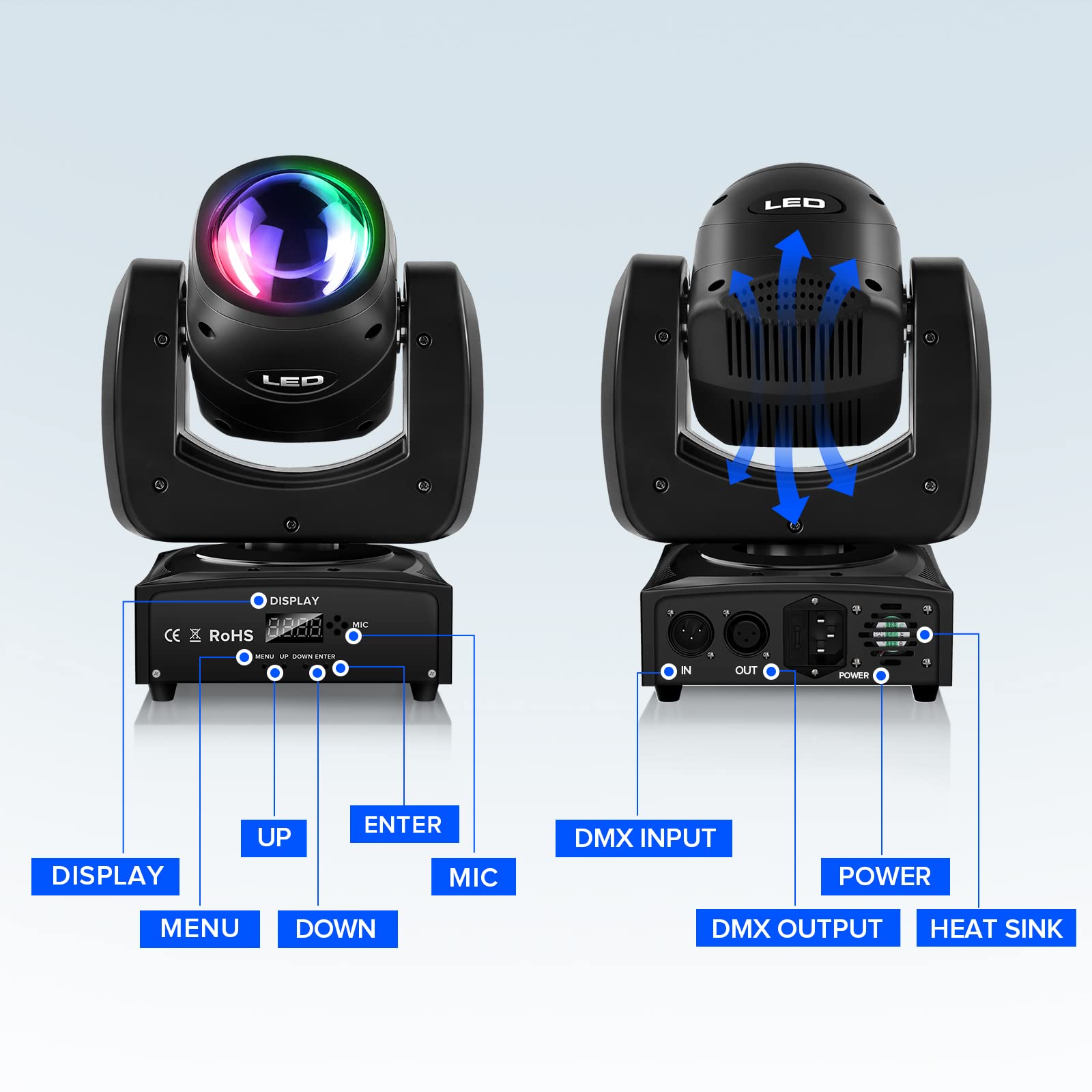 U`King 60W Moving Head Light DJ Lights RGBW LED Spotlight with Sound Activated and DMX Controller for Wedding Parties Church Live Show Disco Bars Stage Lighting
