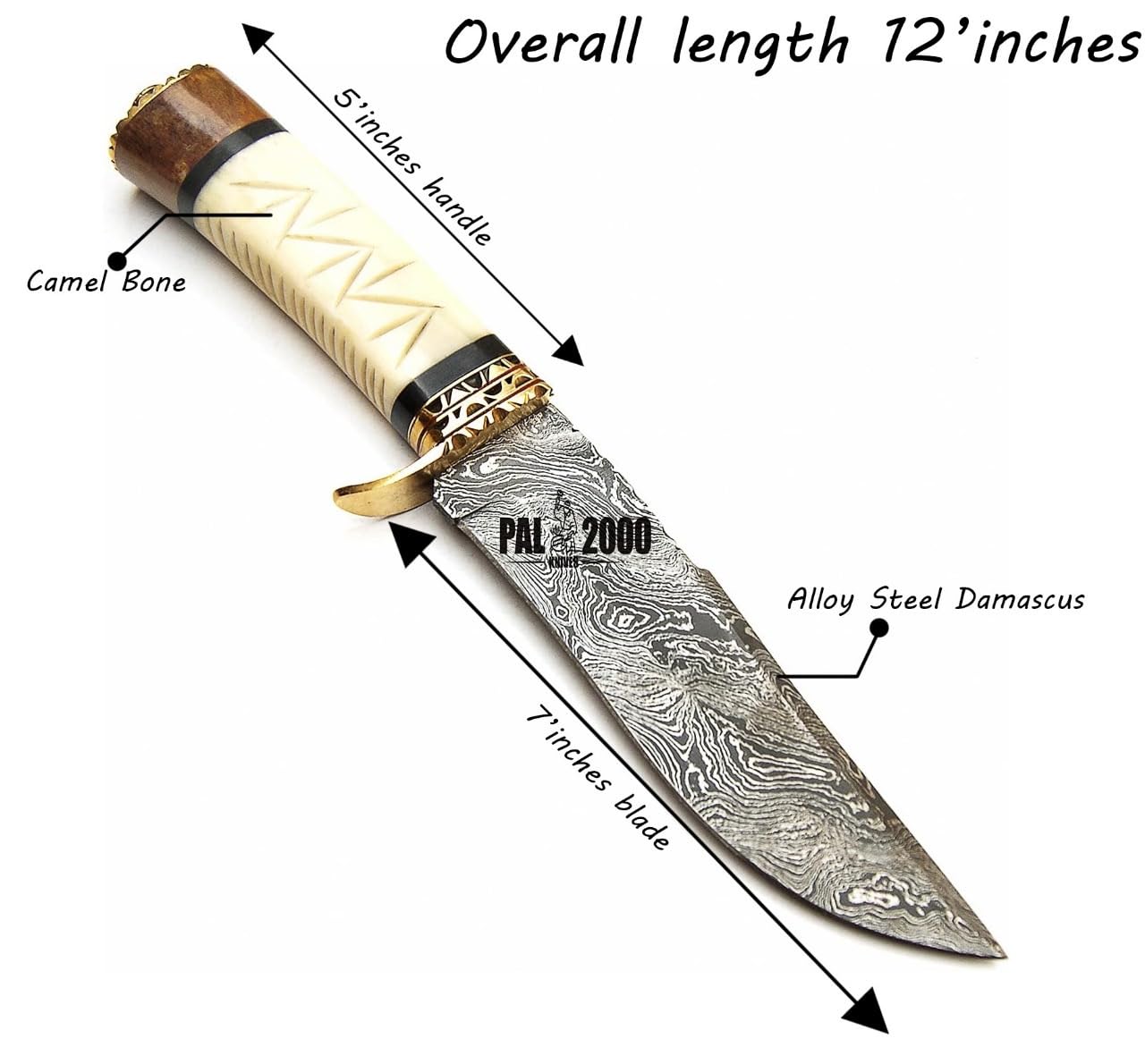 PAL 2000 KNIVES BOW-9482 Handmade Damascus Steel Fixed Blade Hunting Knife Camel Bone Handle with Sheath