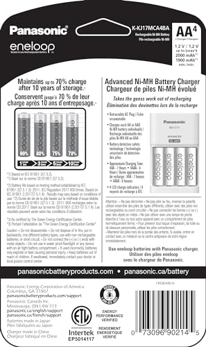 Panasonic K-KJ17MCA4BA Advanced Individual Cell Battery Charger Pack with 4 AA eneloop 2100 Cycle Rechargeable Batteries