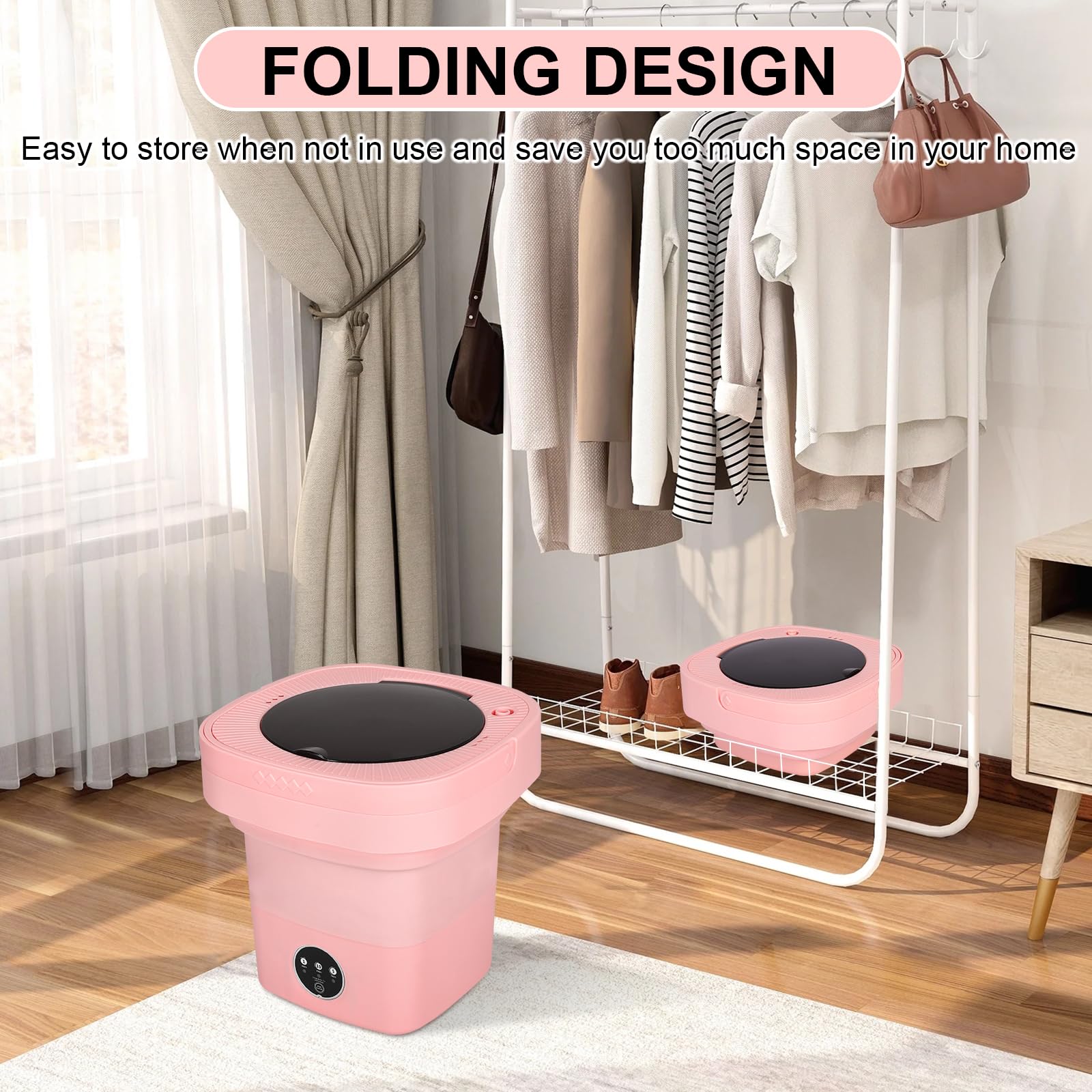 Portable Washing Machine, Mini Washer 6.5L Foldable Deep Cleaning for Underwear, Baby Clothes, or Small Items, Foldable Washing Machine for Apartments, Camping, Travel (Pink)