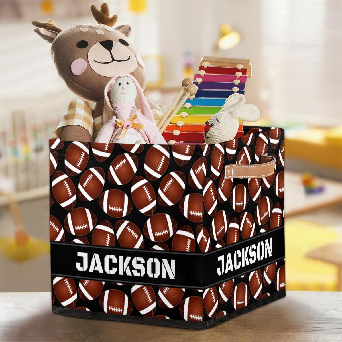 RIRIX Personalized Storage Bin, Custom Storage Baskets for Organizing with Handles, Foldable Storage Box for Closet Cloth Baskes Toy Football
