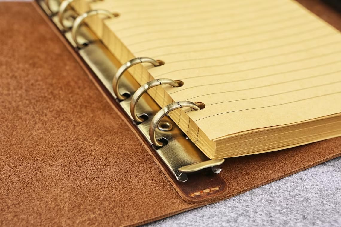 Personalized refillable 6 ring rustic leather A6 journal cover with pen holder, unique leather A6 refill planner binder sketchbook NA605SS