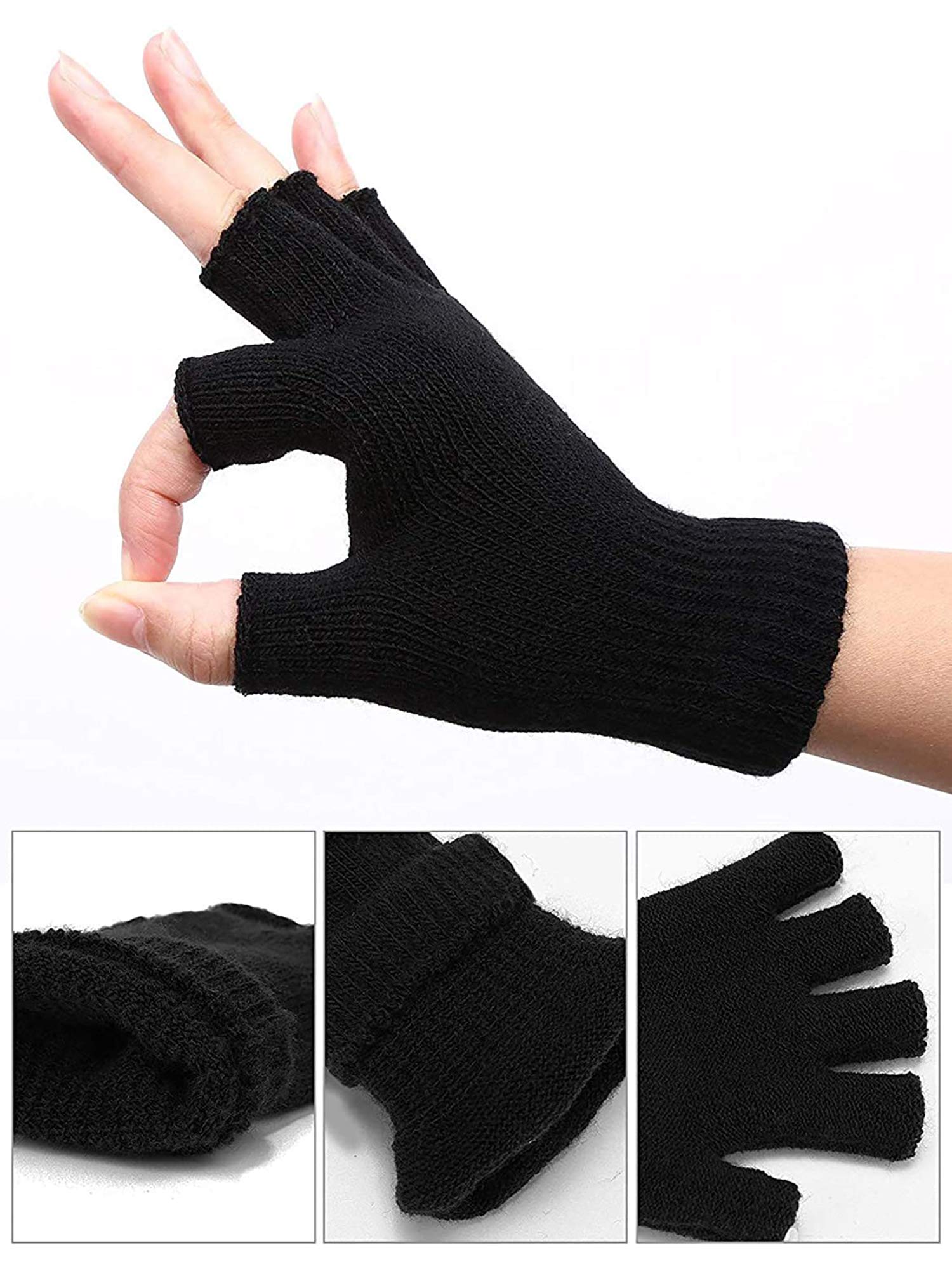 SATINIOR 4 Pairs Winter Half Finger Gloves Knitted Fingerless Mittens Warm Stretchy Gloves for Men and Women (Black, Navy)