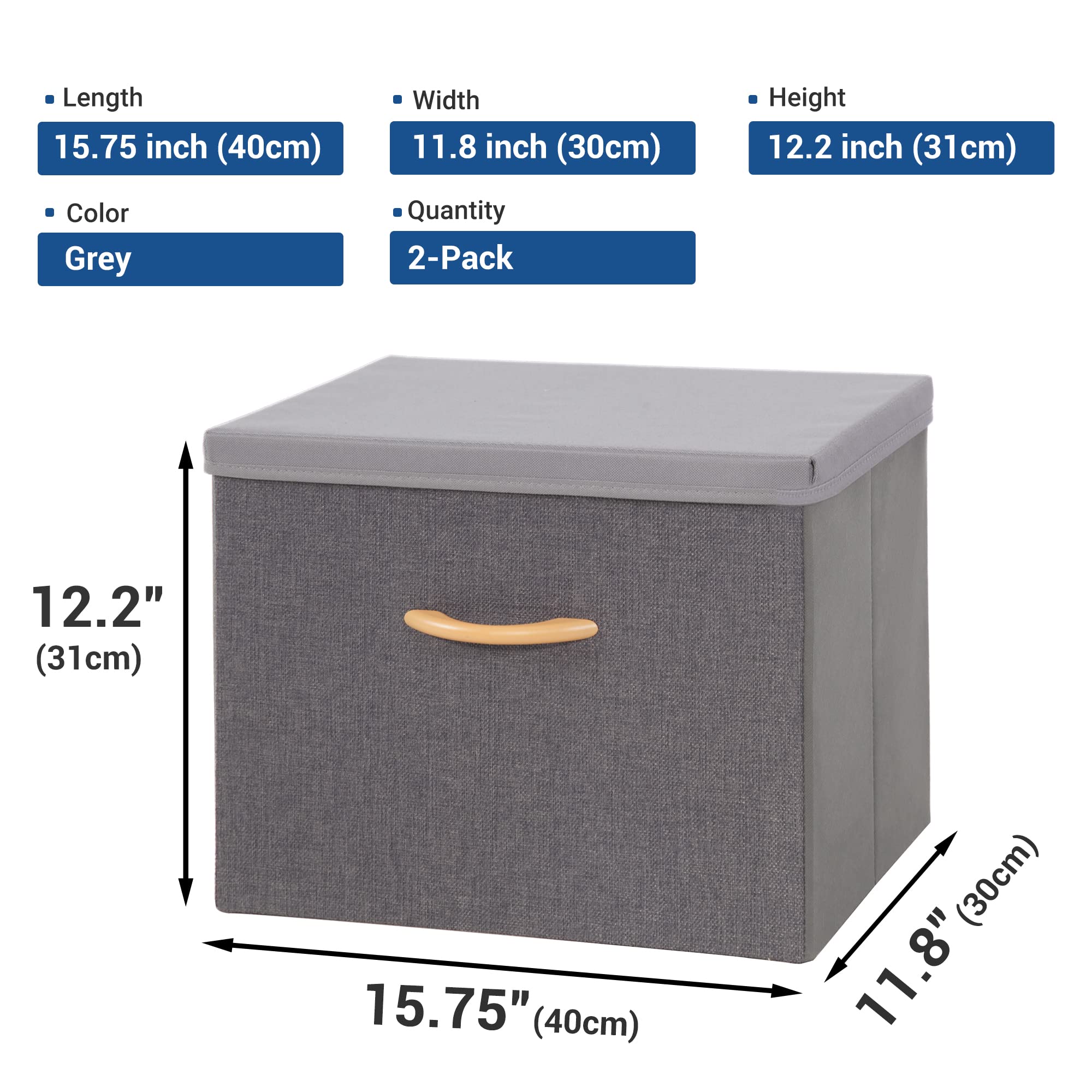 STORAGE MANIAC Shelf Baskets with Handle & Lid, Storage Bins, Foldable Storage Baskets, Fabric Clothes Storage Boxes for Organizing Closet Shelf Nursery Toy 15.75" W x 11.8" D x 12.2" H, Grey 2-Pack