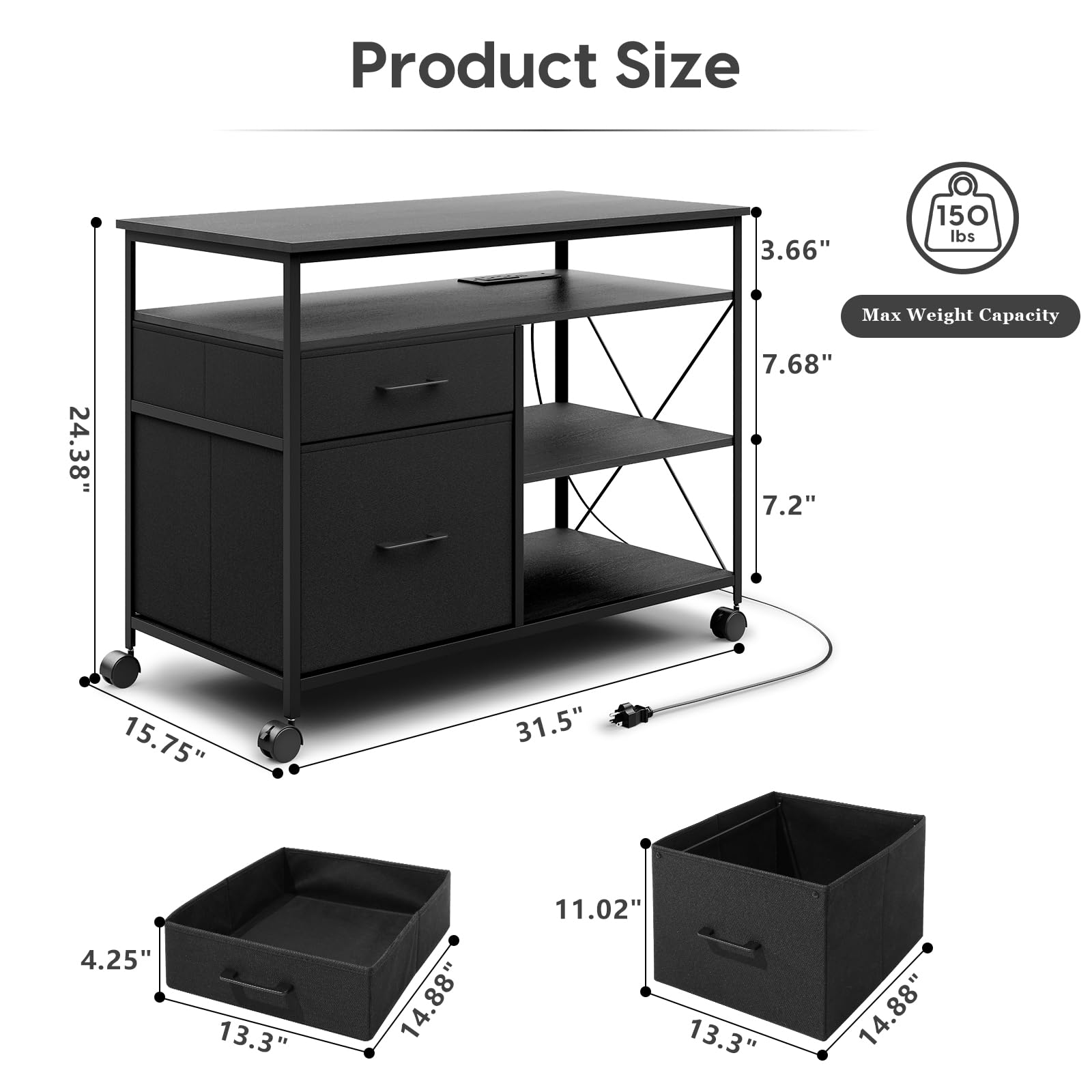 WASAGUN 2 Drawer Fabric File Cabinet, Rolling Printer Stand with Charging Station and 4 Open Storage Shelves, Mobile Lateral Filing Cabinet fits A4 or Letter Size, for Home Office, Black-Gray
