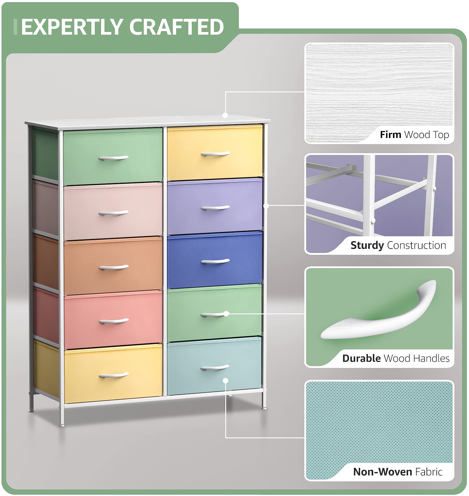 Sorbus Kids Dresser with 10 Drawers - Storage Unit Organizer Chest for Clothes - Bedroom, Kids Room, Nursery, & Closet - Steel Frame, Wood Top & Handles, and Easy Pull Fabric Bins
