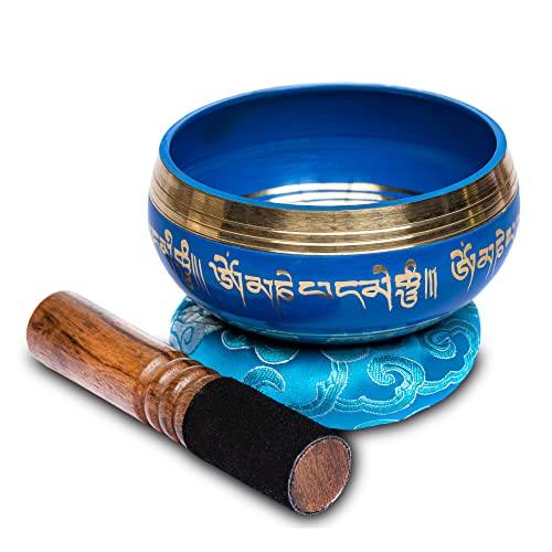 Tibetan Singing Bowls Set 4.2 inch (Blue Throat Chakra) ~ Special portable design suitable for Yoga, Meditation, Sound Healing & Chakra balancing~ (Blue)