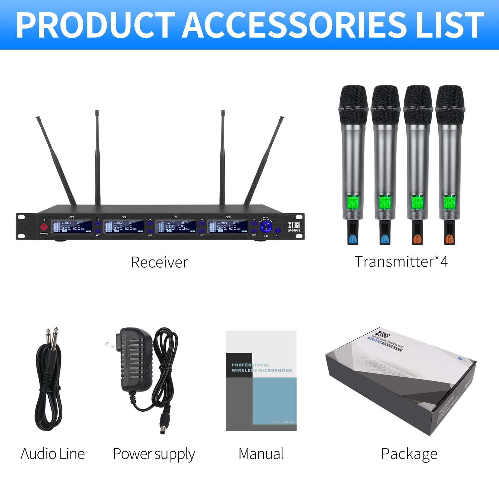 XTUGA M-6604S Professioanl 4 Channel Wireless Microphone System,True Diversity Cordless Handheld Microphone Whole Metal Bulid with IR Function EQ Effect,Long Range 390ft for Church/Karaoke/Weddings
