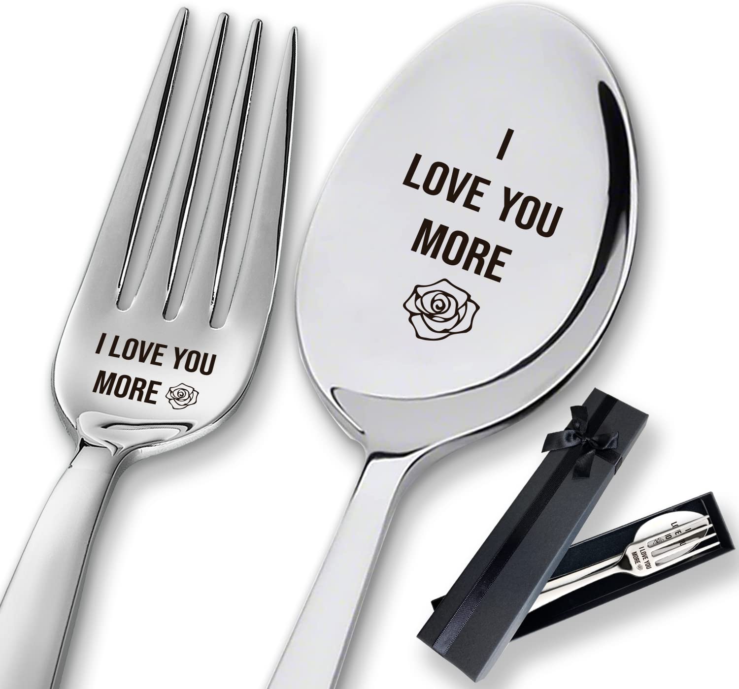 XIKAINUO 2 Pieces I Love You More Engraved Stainless Spoon and Fork, Funny Long Handle Dinner Fork Coffee Spoop with Gift Box, Birthday Valentine Couple Anniversary Spoon Gifts