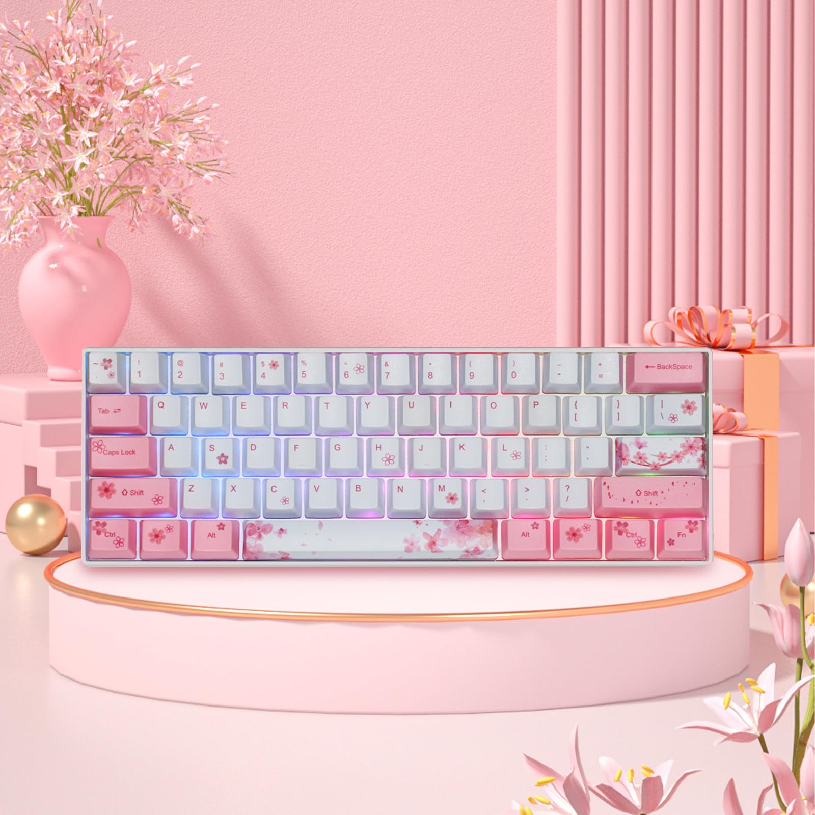 ZMX Cherry Blossom Pink Mechanical Gaming Wired Keyboard,61 Keys Mini OUTEMU (Gaote) Hot Swappable Heat Sublimated PBT Type-C Ergonomic Design Gaming Keyboard for Windows/Mac/Android (Black Switch)
