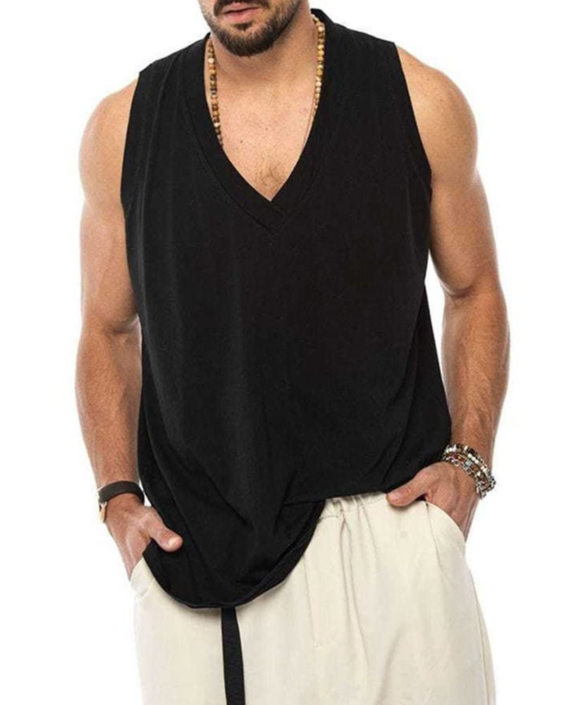 utcoco Men's Cotton Linen Tank Tops Solid Color V-Neck Cut Off Tee Summer Beach Sleeveless Shirts for Men (XL, Black)