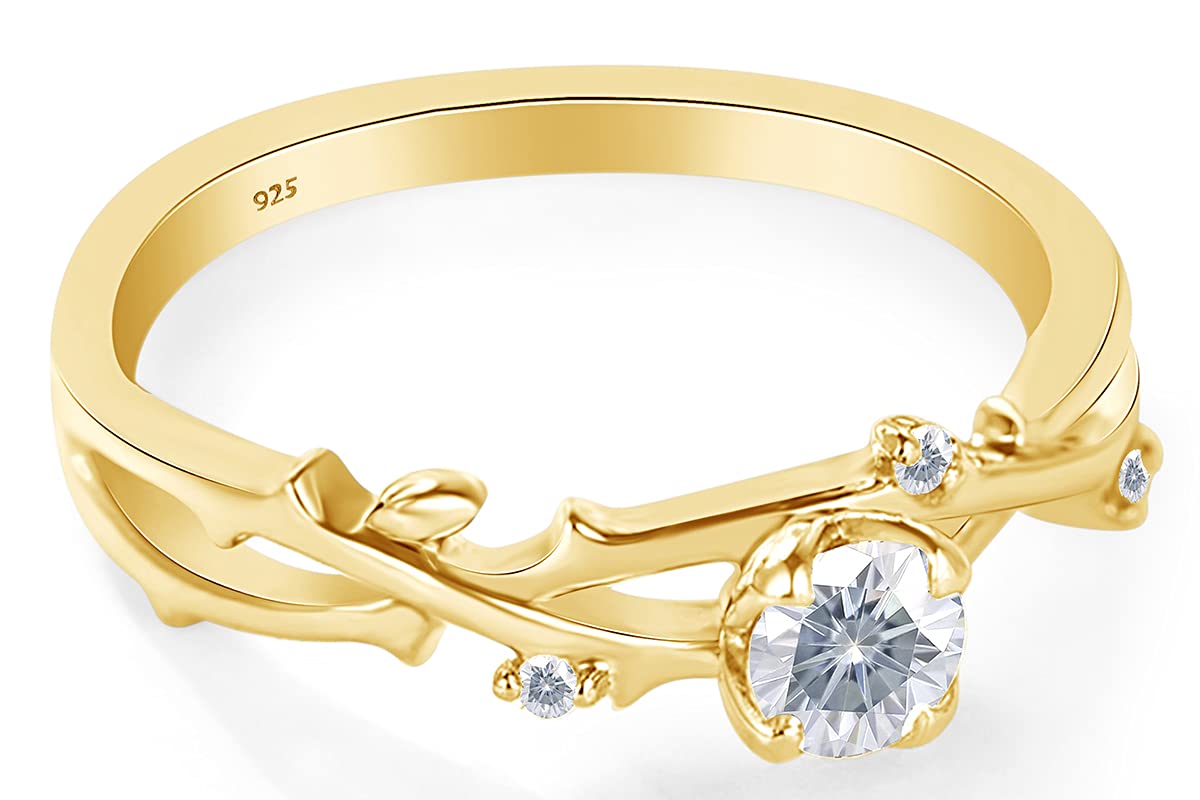 SAVEARTH DIAMONDS Twisted Leaf Design, 1/2 Carat Center Round Cut Moissanite Lab Created Diamond Solitaire Engagement Promise Ring In 14k Yellow Gold Over Sterling Silver (0.55 Cttw) Size-8