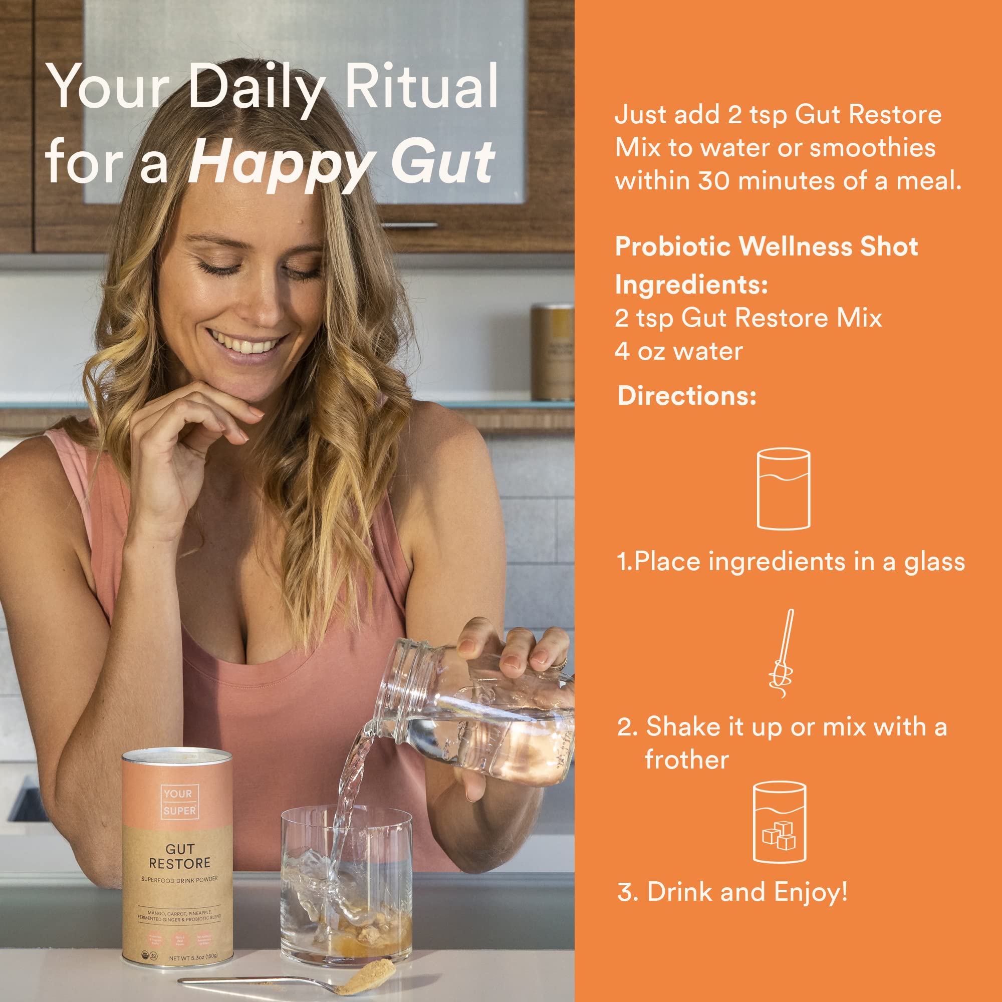 Your Super Gut Restore Superfood Powder β Organic Plant Based Powder with Probiotic Blend, Tropical Superfruit Drink Mix with Digestive Enzymes for Gut Health (30 Servings)