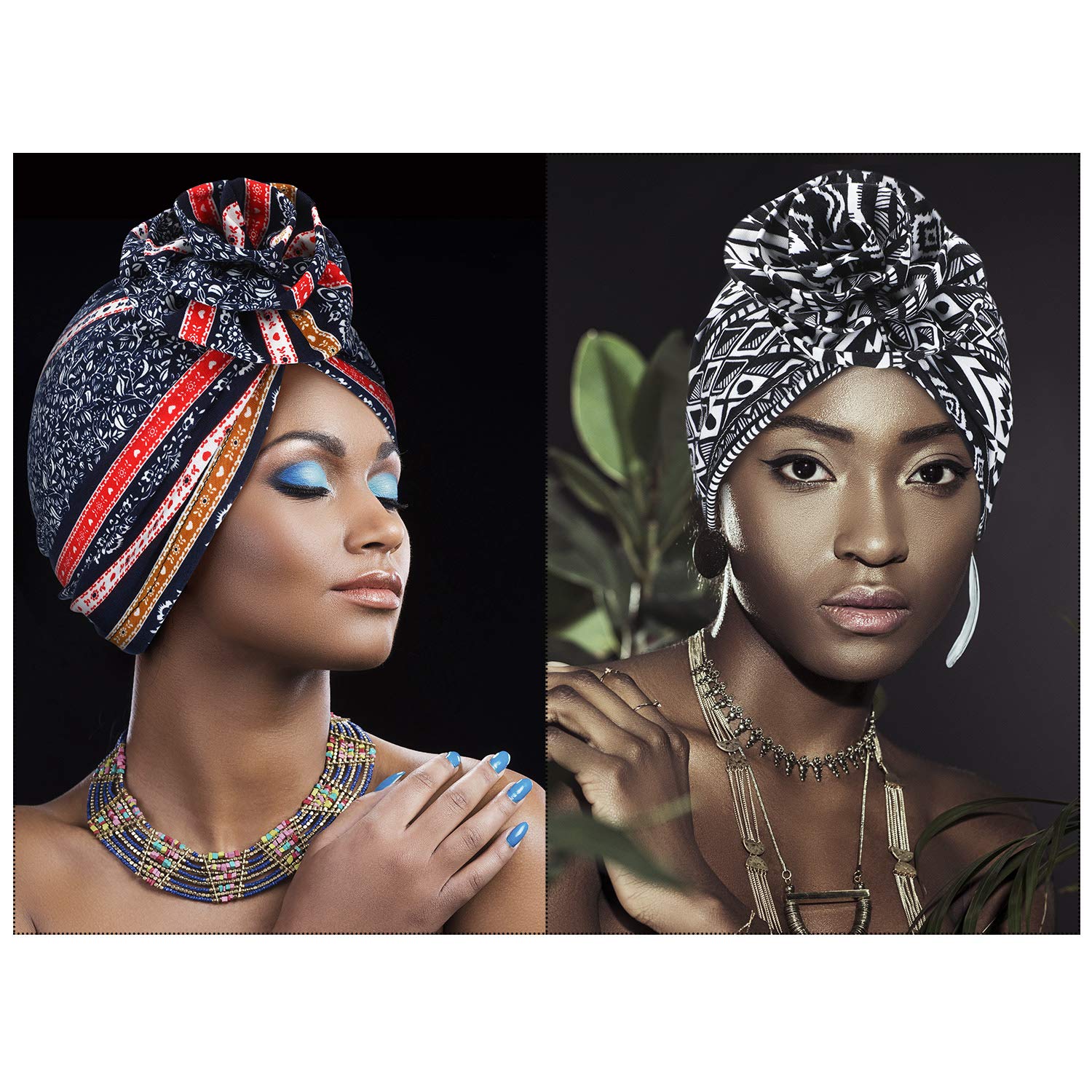 SATINIOR 6 Pieces Women Turbans African Pattern Knot Headwrap Pre-Tied Bonnet for Women Girls Multicoloured
