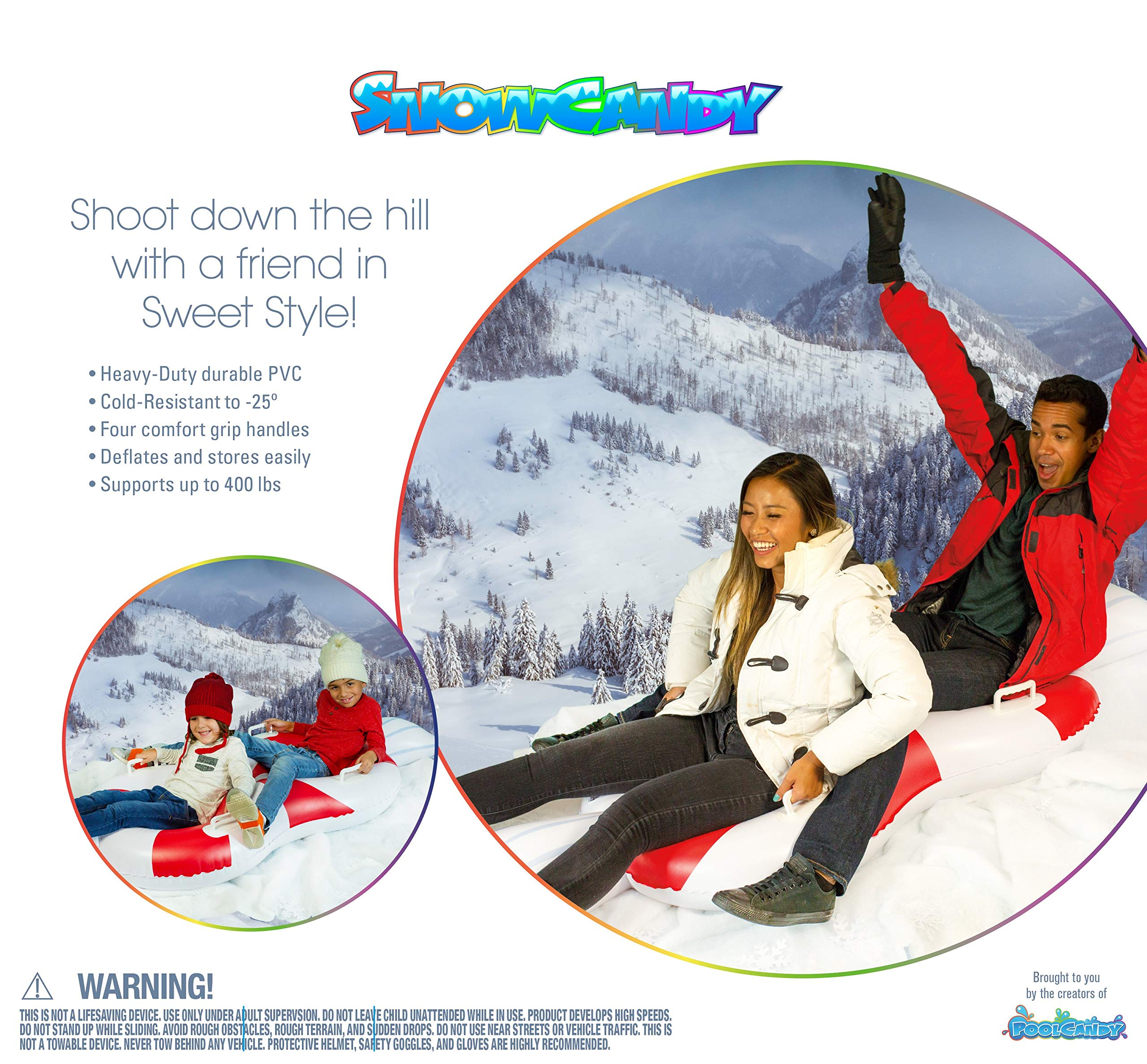 SnowCandy Inflatable Summer & Winter Outdoor Sleds, Tubes, & Floats. The Inflatable Toy Rated for The Beach or The Snow Slopes (Peppermint 2 Person Snow Sled & Pool Beach Float)