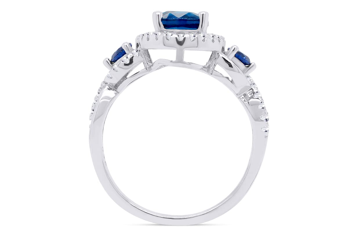 SAVEARTH DIAMONDS Three Stone, Oval Cut 8x6MM Center, Round Cut Simulated Blue Sapphire And White Cubic Zirconia Infinity Oval Halo Engagement Ring In 14k White Gold Over Sterling Silver Size-8