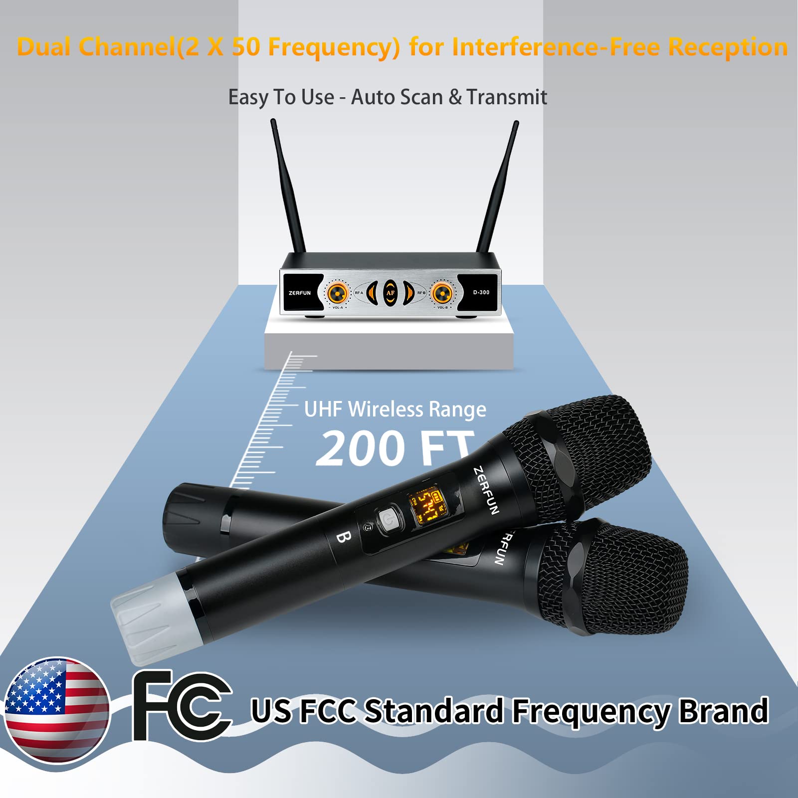 ZERFUN D-300 Wireless Microphones, UHF Wireless Microphone System, Dual Metal Handheld Wireless Mics Cordless Microphone for Singing Karaoke Church Conference, 100 UHF Adjustable Frequency, 200FT