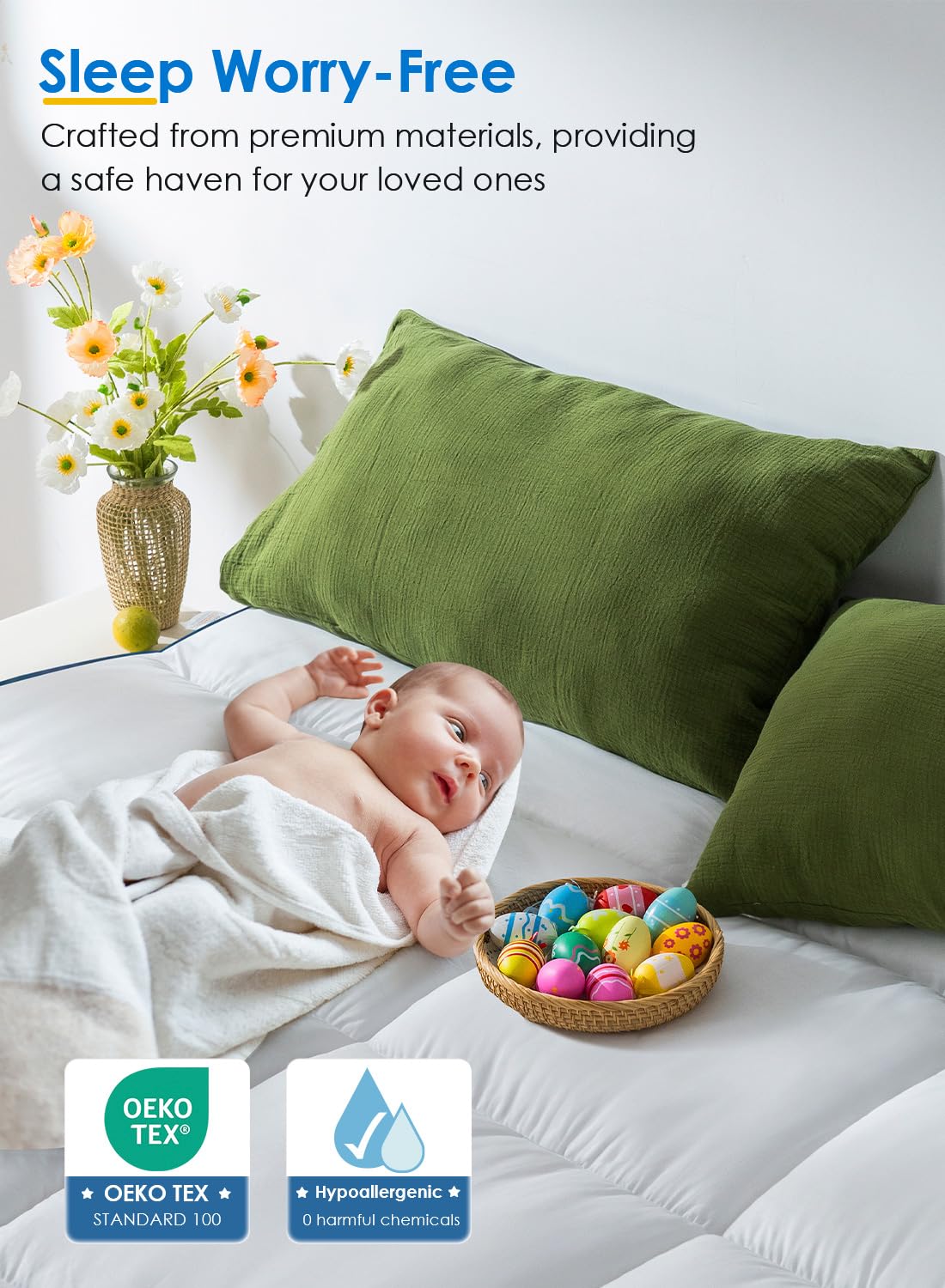 QUEEN ROSE Mattress Topper Full, Cooling Extra Thick Soft Full Size Pillow Top Mattress Pad Cover Bed Snow Down Alternative Mattress Topper, for Back Pain Relief, Plush and Support White