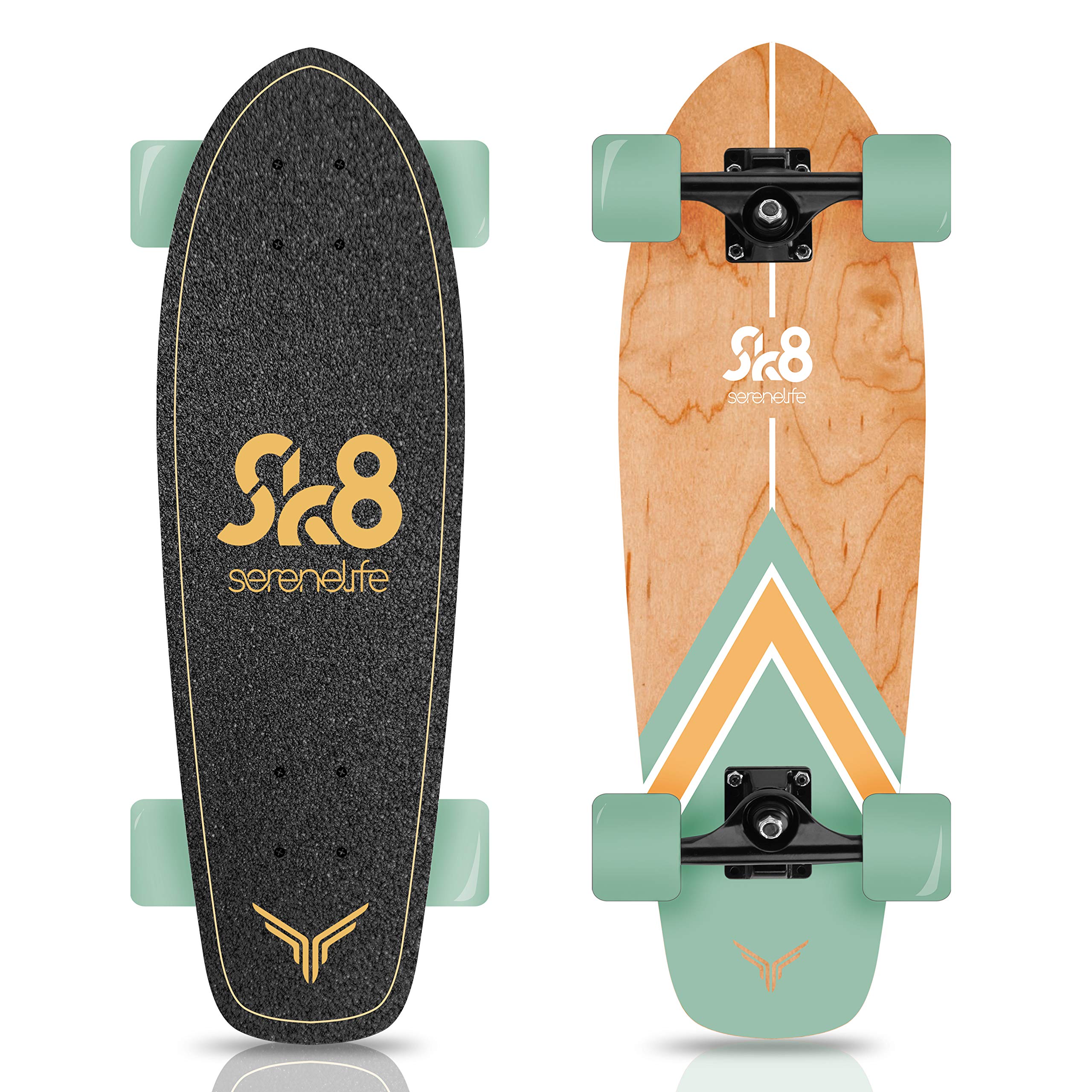 SereneLife Complete Standard Skateboard Mini Cruiser - 6 Ply Canadian & Bamboo Maple Deck Complete Double Kick Skate Board W/ 5" Aluminum Trucks - for Kids, Teens, Adults - SereneLife SL5SBGR (Aqua)