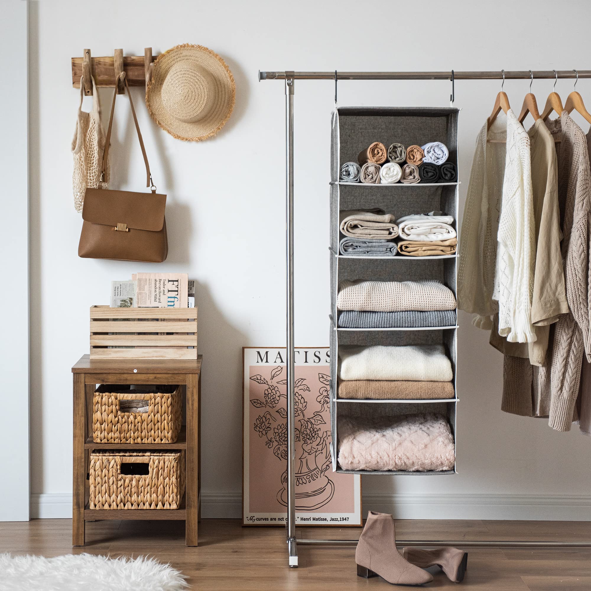 StorageWorks 5-Shelf Jumbo Hanging Storage Closet, Hanging Organizer for Closet Rod, Hanging Cloth Organizer Storage, Canvas, Gray, 13" D x 15" W x 47 ¾" H