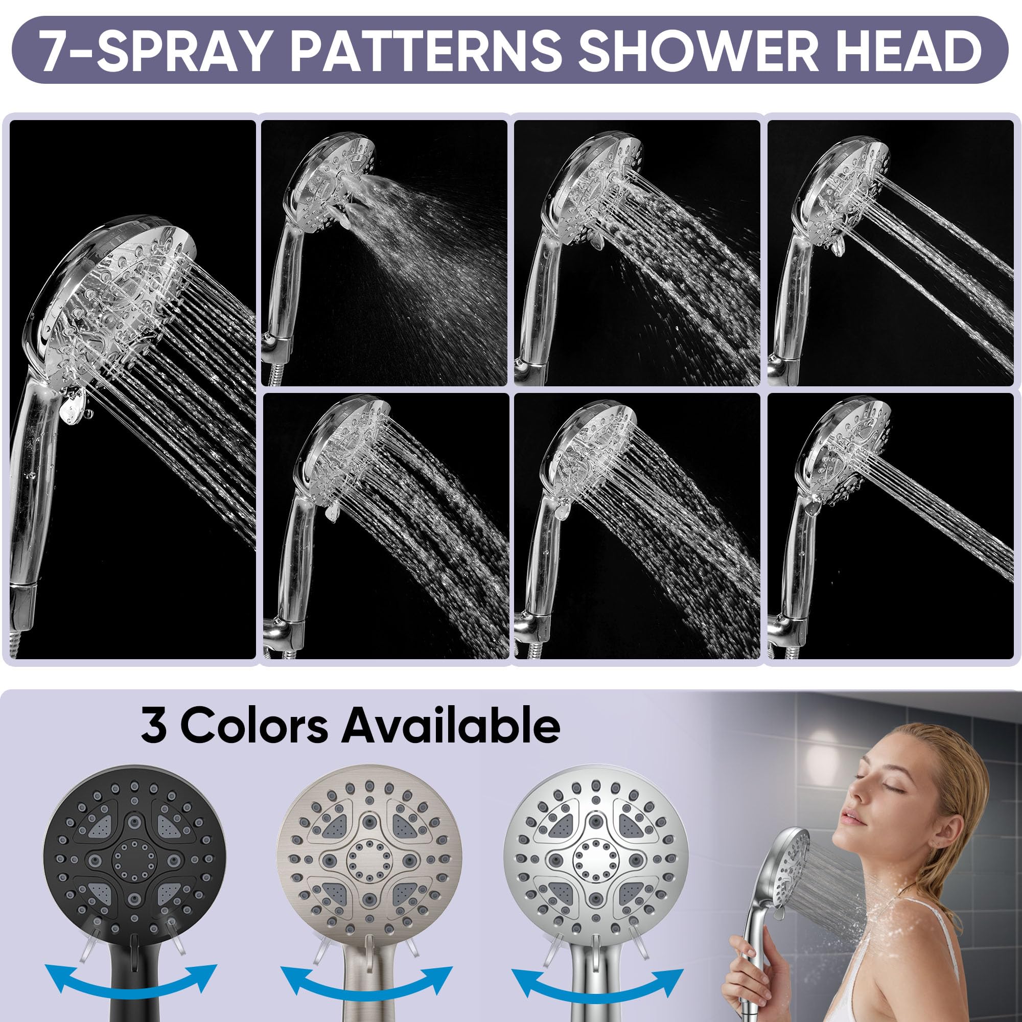 TICONN 7-Function Shower Head with Handheld, High Pressure Shower Heads Set with Stainless Steel Hose & Adjustable Bracket Toolless (Chrome)
