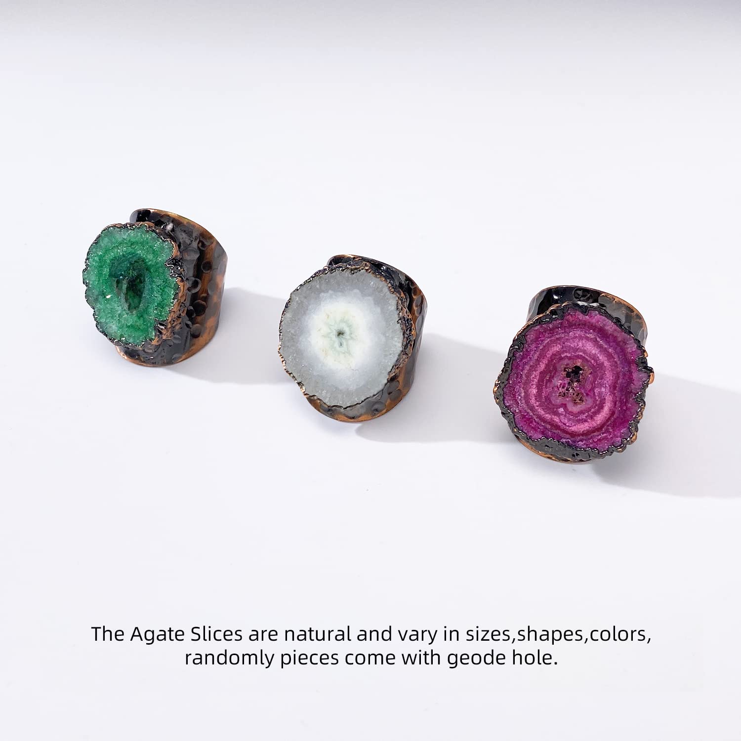 VIENNOIS Natural Purple Agate Slices Ring Vintage Quartz Crystal Stone Adjustable Open Wide Gemstone Ring Handmade Jewelry (Purple)