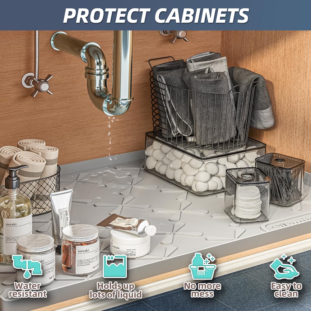 SIKADEER Under Sink Mat for Bathroom Waterproof, 34" x 19" Silicone Under Sink Liner Bathroom Cabinet Shelf Protector Kitchen organizer, Fit 36inch Standard Cabinet Mat Under Sink Organizer Drip Tray