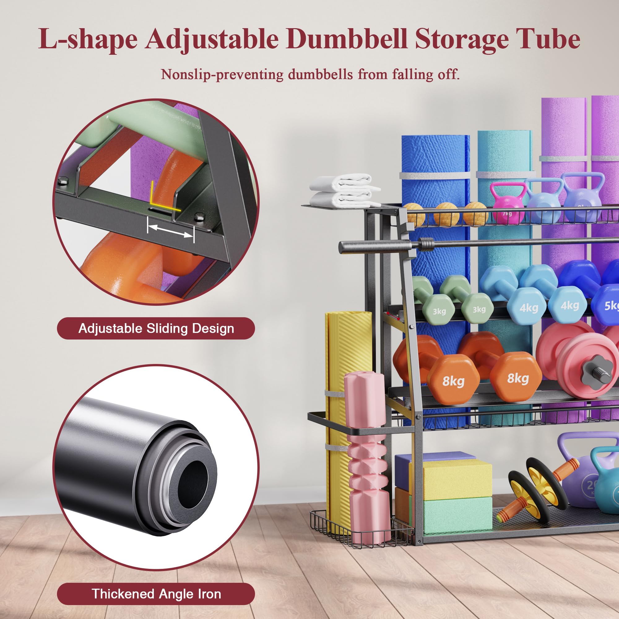 TIL Weight Rack for Dumbbells, Dumbbell Rack Weight Stand, Home Gym Storage for Dumbbells Kettlebells Yoga Mat and Balls, All in One Workout Storage, Workout Equipment Storage Rack with Hooks