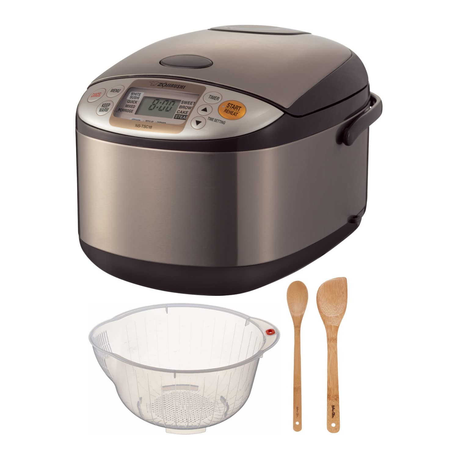 Zojirushi Micom Rice Cooker and Warmer (10-Cup/Stainless Brown) with Rice Washing Bowl, Bamboo Spoon, and Bamboo Spatula Bundle (4 Items)