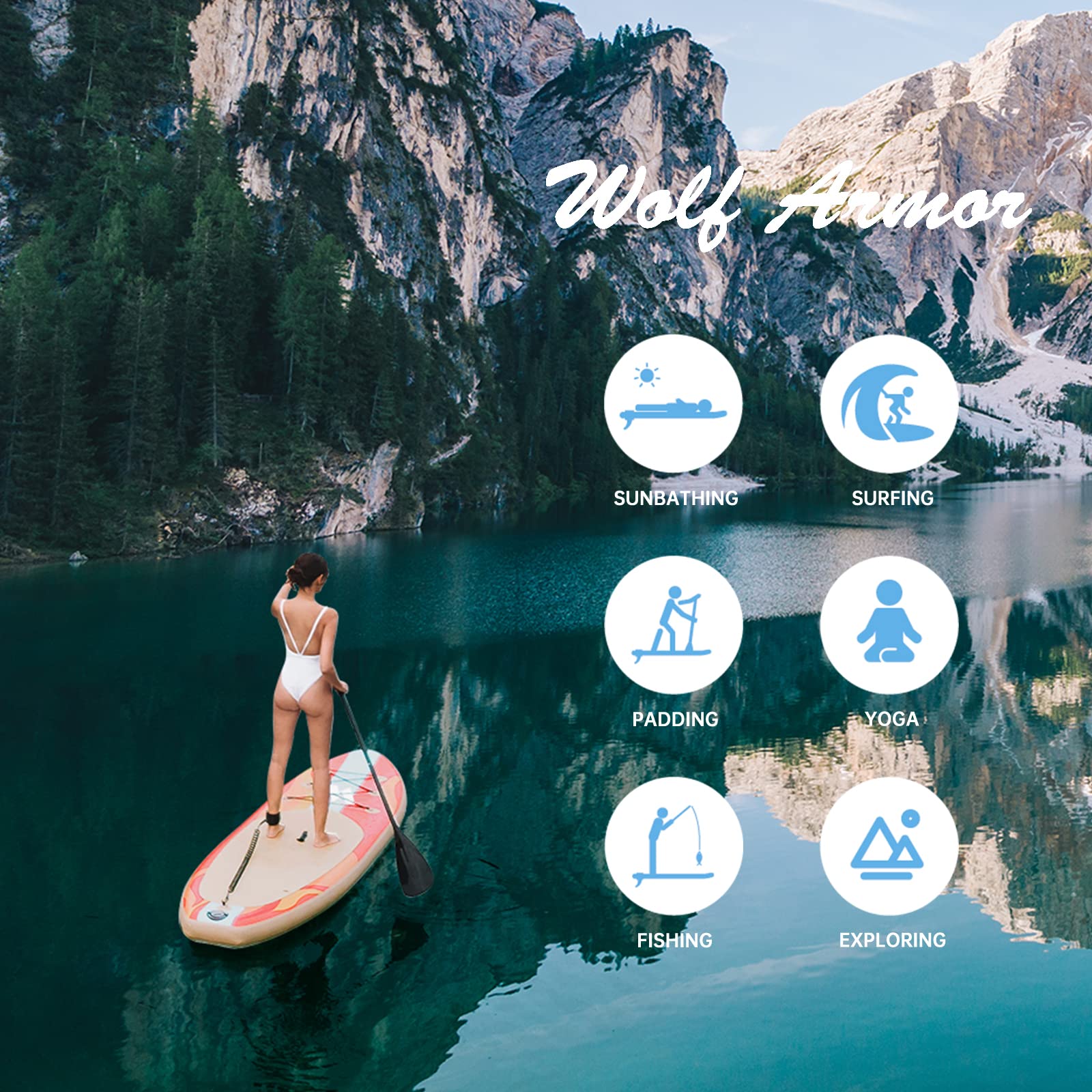 WOLF ARMOR Inflatable Stand Up Paddleboard with Adjustable Paddle,Safety Leash, Hand Pump, SUP Accessories&Backpack,Waterproof Bag, Removable Fin,Antislip Deck, Standing Boat for Youth and Adult
