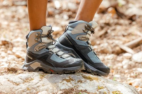 Salomon Women's QUEST ELEMENT GORE-TEX Leather Hiking Boots for Women, Ebony / Rainy Day / Stormy Weather, 8