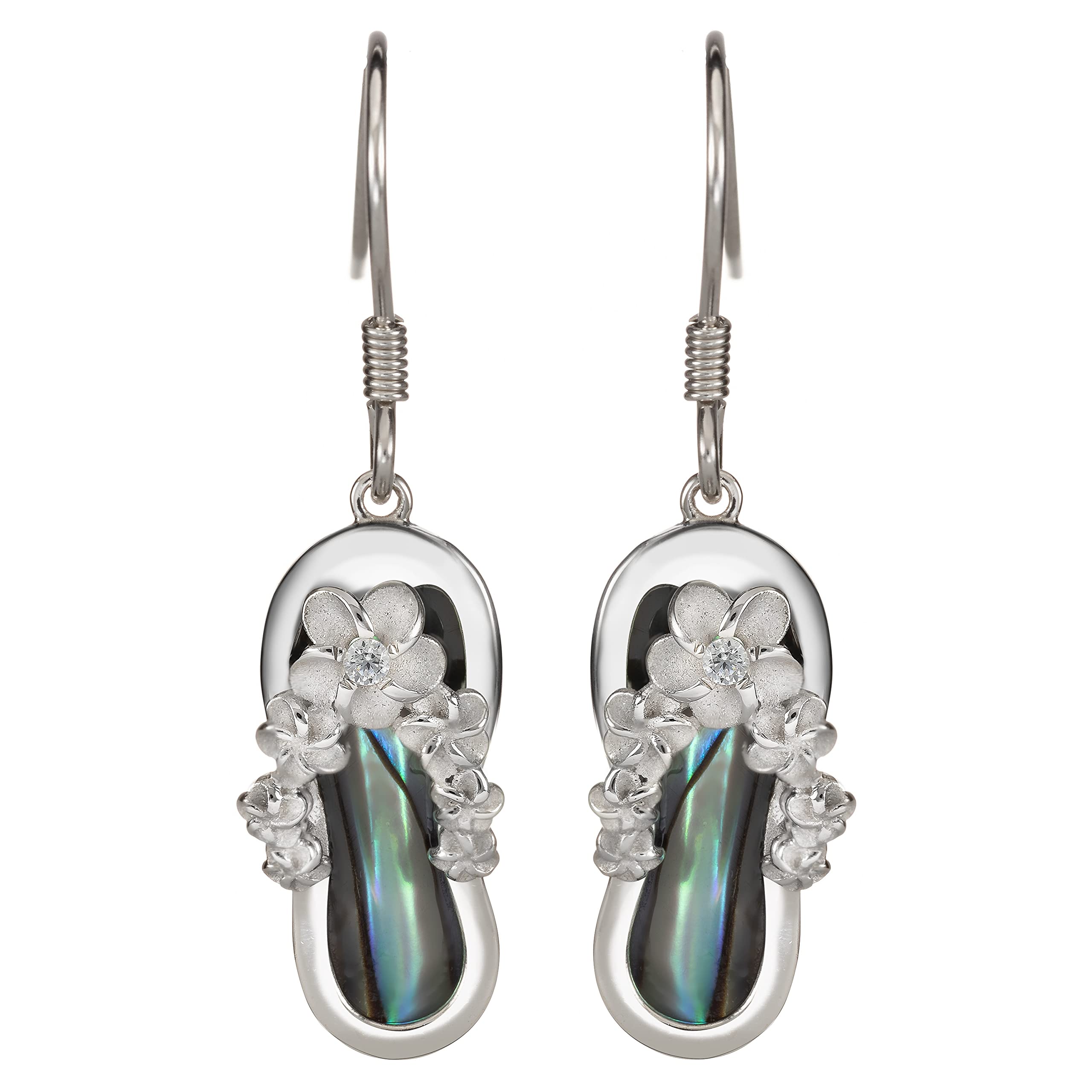 Sterling Silver Natural Abalone Shell CZ Plumeria Flower Flip Flop Slipper Dangle Hook Earrings, EMVsseas11fh