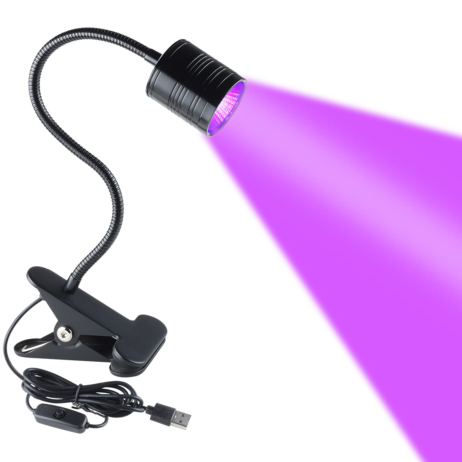 YQNLIFA Upgraded 6W 385-400nm Black Light Fixtures with 15.2inch Gooseneck and Clamp, 59inch Cord+USB Input+Switch, for Gel Nail and Ultraviolet Curing, Portable Blacklight