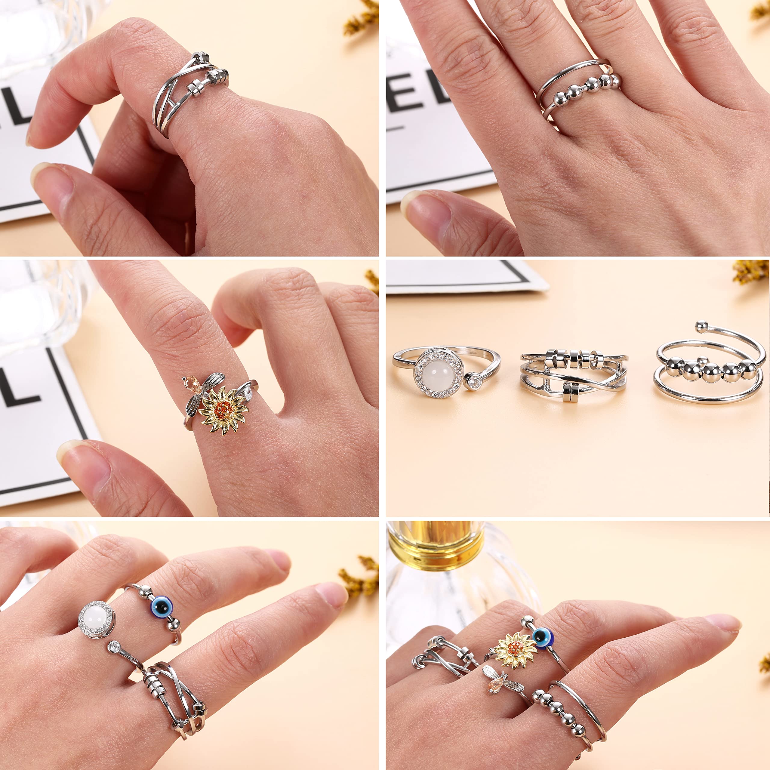 ZELORES 8Pcs Adjustable Fidget Rings for Anxiety White Gold Plated Beads Flower Evil Eye Ring Set Anti Anxiety Ring For Women