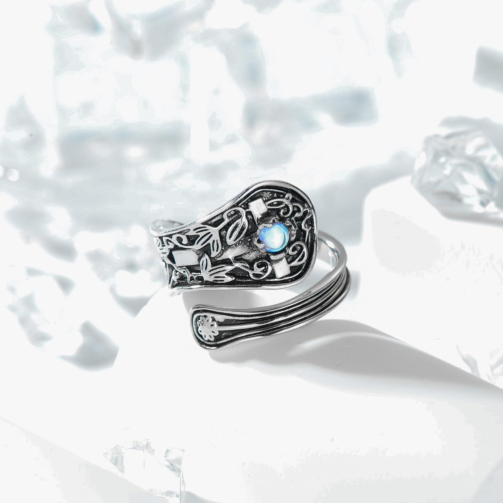Zaoune 100% Apollo Silver Vintage Spoon Ring Boho for Women Cross Victorian Open Adjustable Statement Flower Jewelry (Cross, Adjustable)