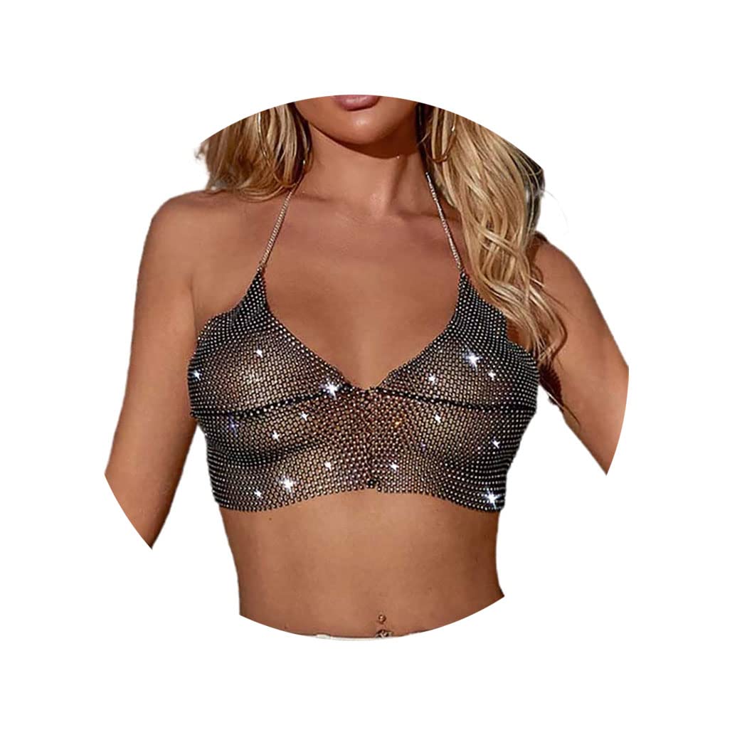 Yokawe Rhinestone Crop Tube Top Black Glitter Crystal Tank Top Sexy Backless Halter Bra Chain V Neck Bikini Chains Party Rave Festival Nightclub Body Accessories Jewelry for Women and Girls