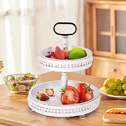 Tiered Tray Decor,Lazy SusanTurntable Organizer, Decorative Trays Farmhouse Two Rotating Tiered Tray Brown/White Tiered Serving Tray Wood Tray (Brown) (White)