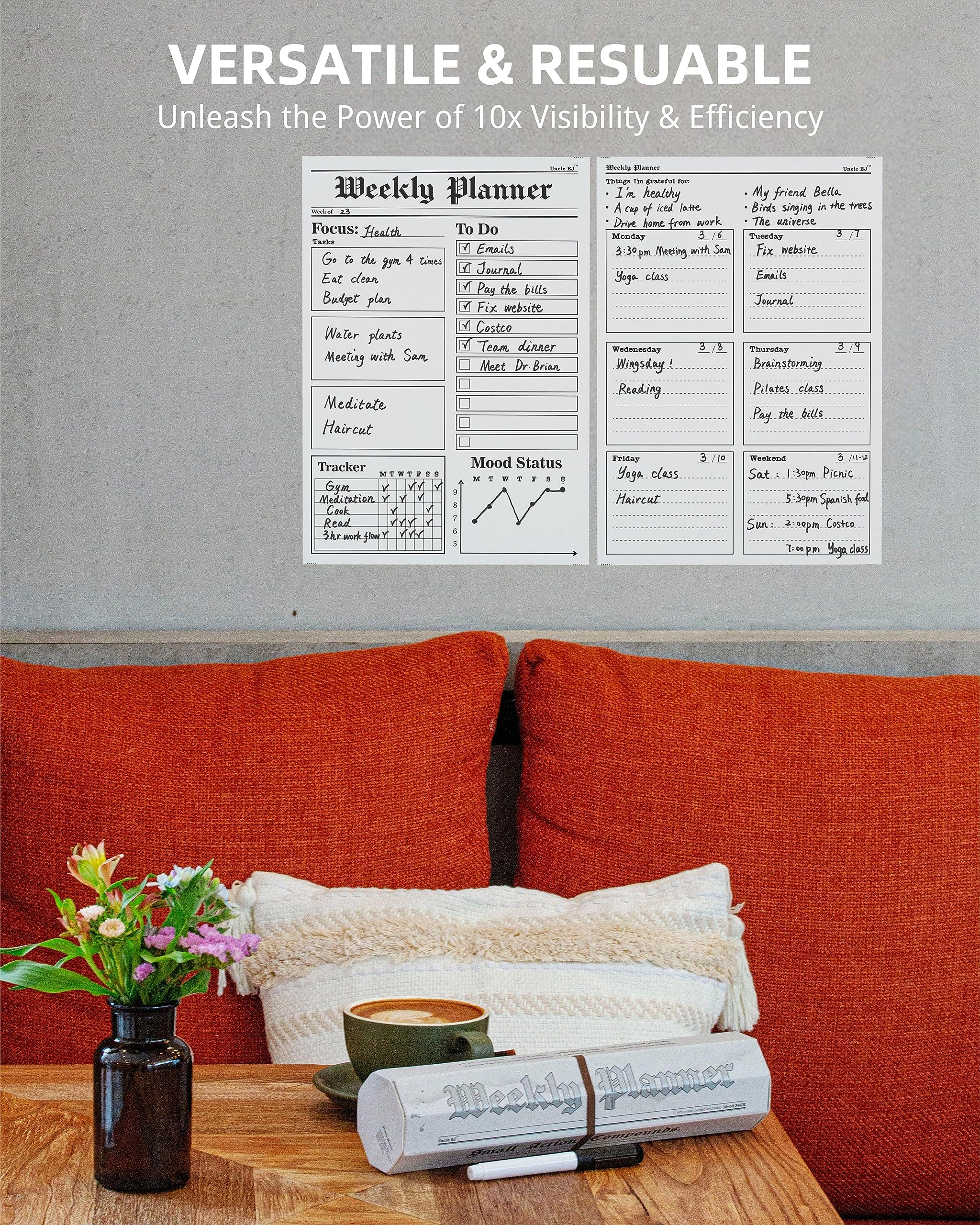 Updated Weekly Planner Magnetic Fridge & Wall, Large Weekly Planner 2023-2024 Dry Erase Sheets, Mood & Habit Tracker Weekly Calendar Pad Tear Off, 60 Pages for Up to One Year Use, 21"x15"
