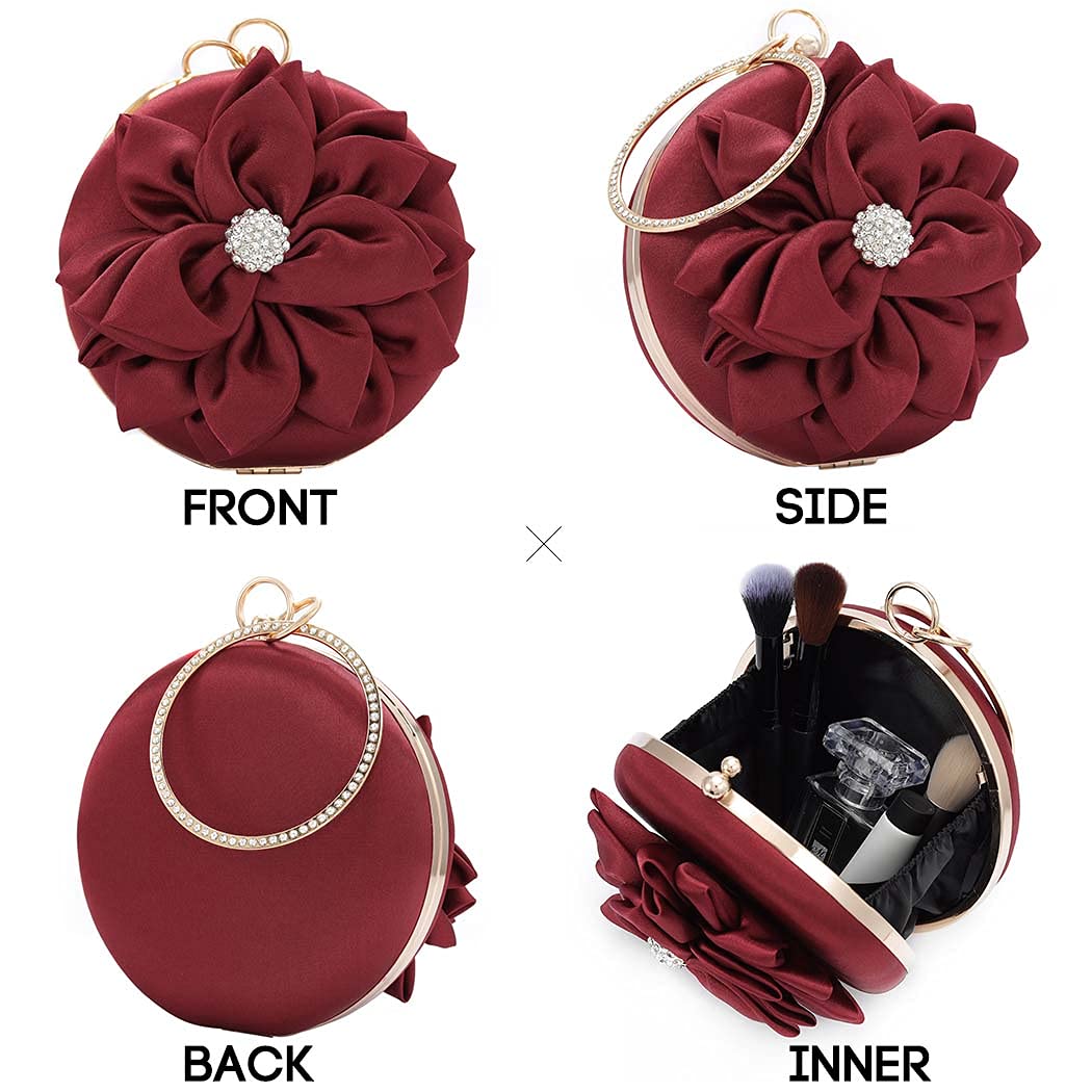 Yokawe Women Evening Bag Satin Flower Clutch Purse Wedding Party Prom Handbag (Wine red)