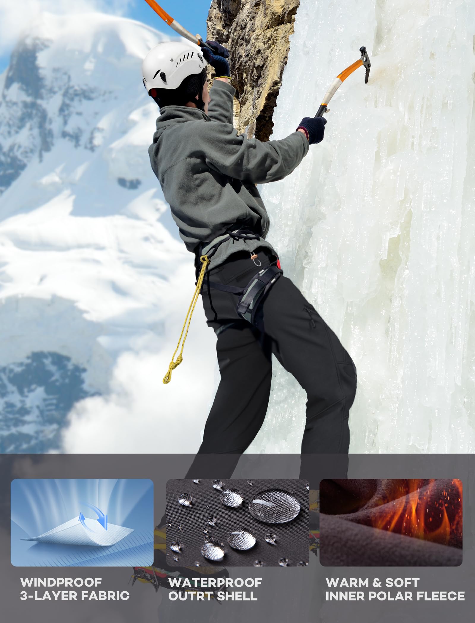 Stlight Mens Snow Ski Water Repellent Softshell Pants for Winter Hiking Fleece Lined Bottom Leg Zipper with 6 Zip Pockets(Black 34W/30L)
