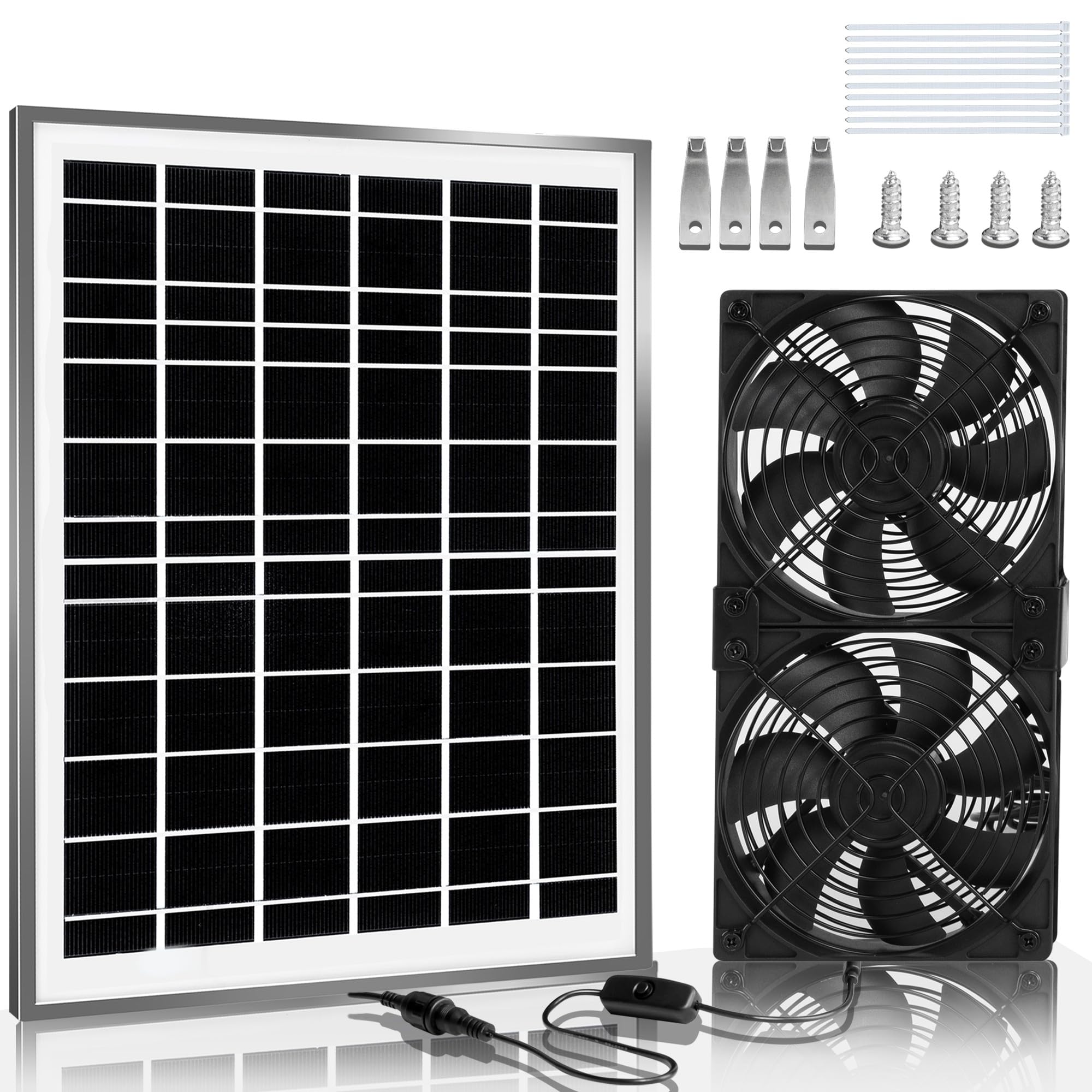 Solar Fan, 15W Solar Powered Fan with 14ft Wire and Dual Brushless Fans, Waterproof Panel with Solar Exhaust Fan for Greenhouse, Pet Houses, Outside.……