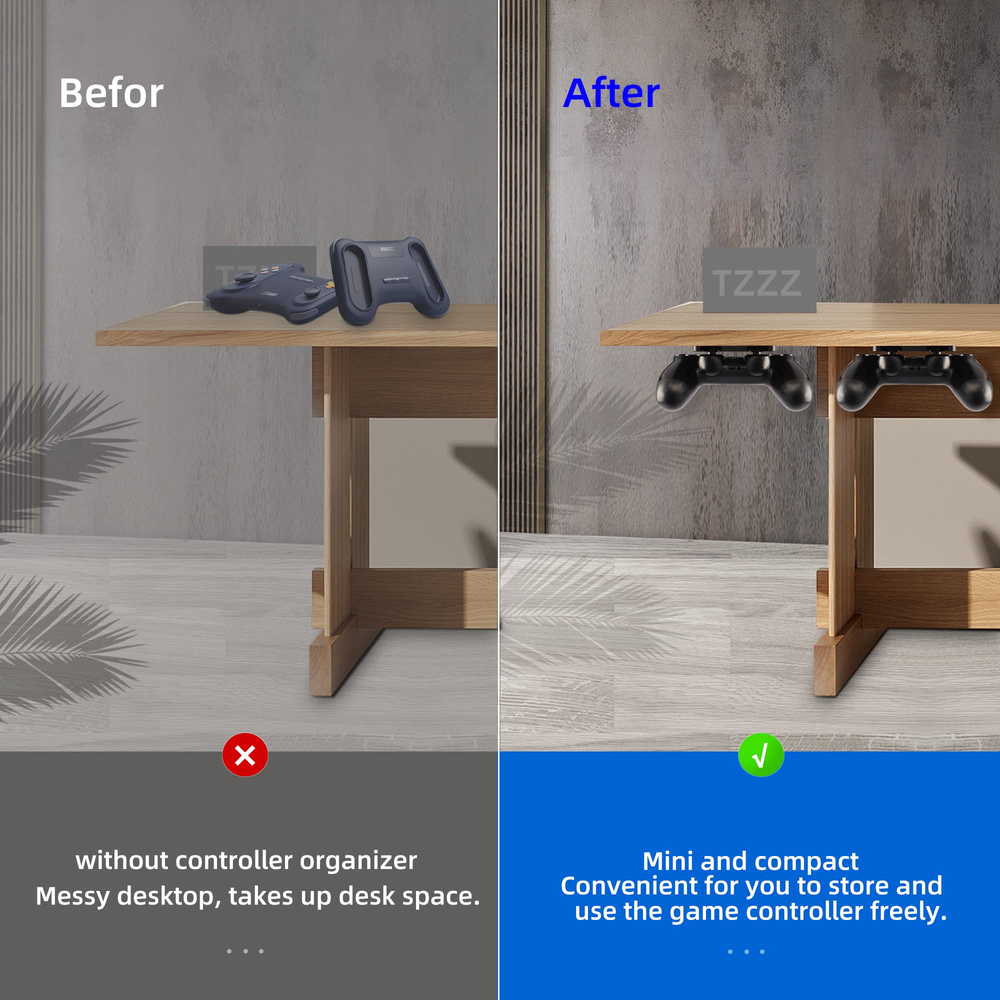 Xahpower 2 Pack Under Desk Mount Holder for PS5/PS4/PS3/PS2 Controller, Game Controller Table Storage Rack Stand with Strong Adhesive Tape, Space-Saving, No-Hole Needed