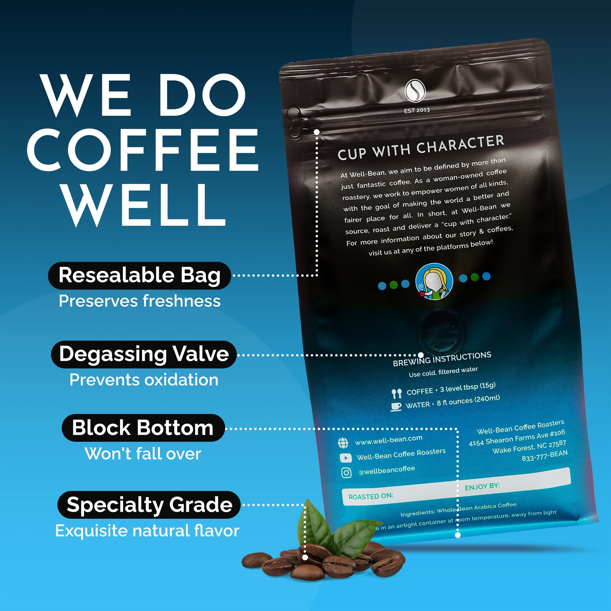 Well-Bean Coffee - Better Half Ground Coffee, Half Caff Coffee Blend, Swiss-Water-Processed Coffee Ground, Vegan Half Decaf Coffee Ground, Lightly Roasted Coffee, 12 oz