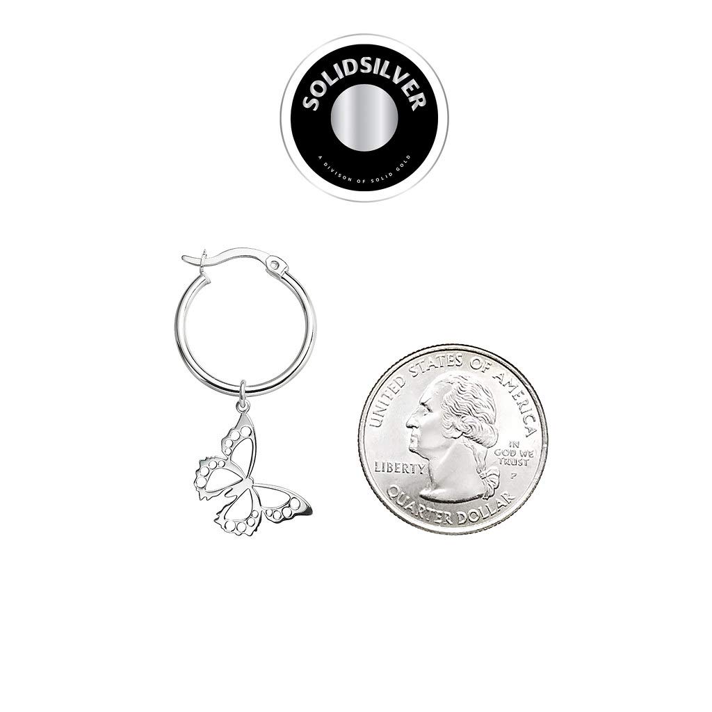 SolidSilver - Sterling Silver 20mm Polished Hoop Earrings with a Dangle Butterfly Charm Pendant